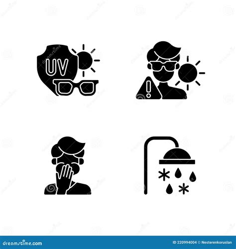 Uv Rays Exposure Risk Black Glyph Icons Set On White Space Stock Vector Illustration Of Glyph