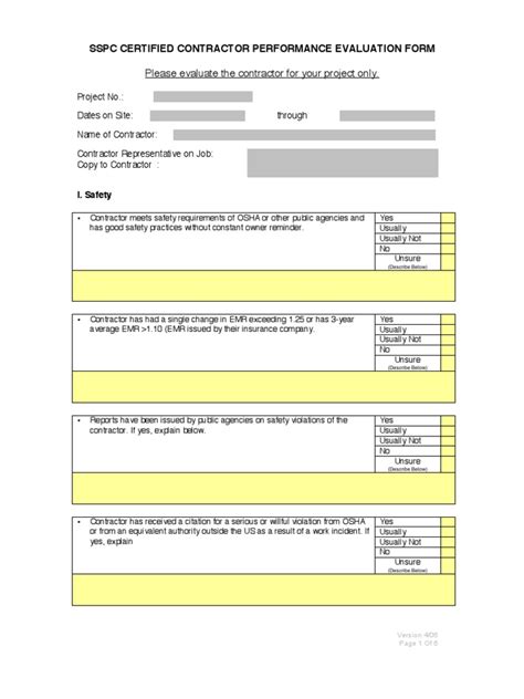 Contractor Evaluation Form Pdf Occupational Safety And Health Administration Safety