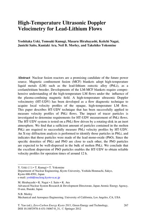 Pdf High Temperature Ultrasonic Doppler Velocimetry For Lead Lithium Flows