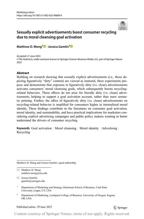 Sexually Explicit Advertisements Boost Consumer Recycling Due To Moral Cleansing Goal Activation