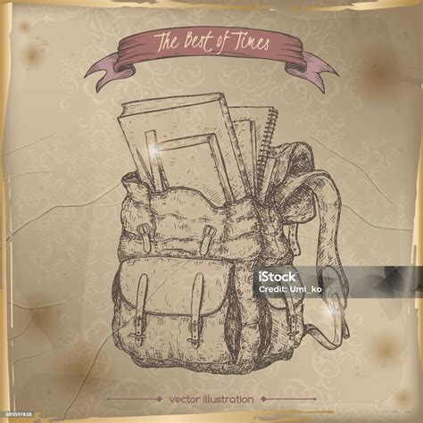 빈티지 학생 책 가방 오래 된 종이 바탕에 그려진된 밑그림 배낭에 대한 스톡 벡터 아트 및 기타 이미지 배낭 고풍스런 복고풍 Istock
