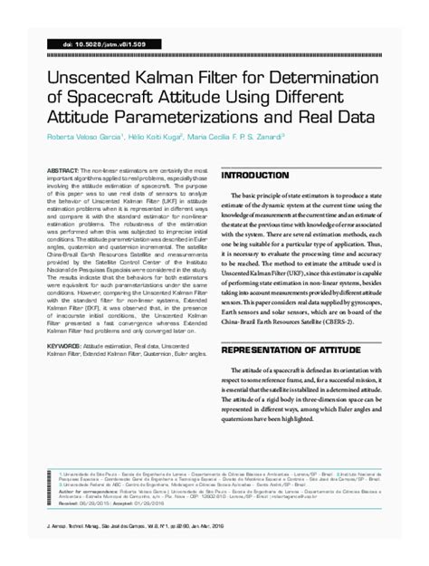Pdf Unscented Kalman Filter For Determination Of Spacecraft Attitude Using Different Attitude