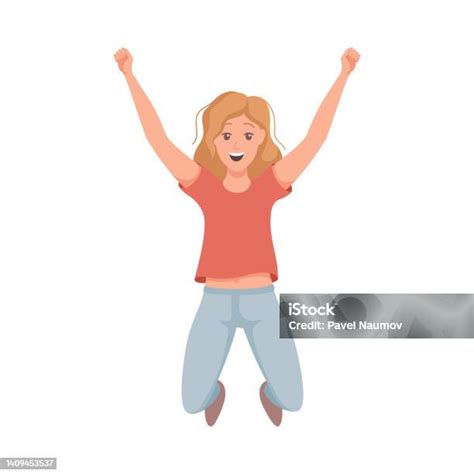 손을 들어 점프하는 행복한 여자 캐릭터 벡터 일러스트 레이 션 벡터에 대한 스톡 벡터 아트 및 기타 이미지 벡터 사람들 한 사람 Istock