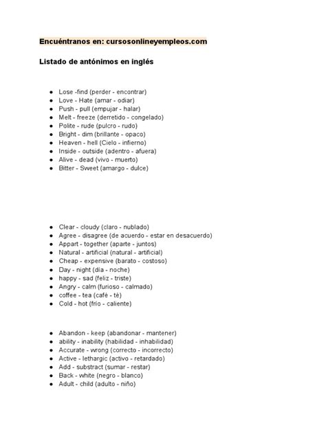 Antonimos En Ingles Pdf Bebida Cultivos