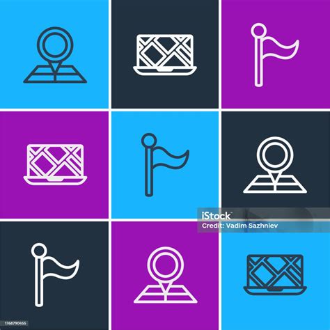 Set Line 위치 마커 깃발 및 도시 탐색 아이콘이 있는 접힌 지도 벡터 0명에 대한 스톡 벡터 아트 및 기타 이미지 0명 고풍스런 공휴일 Istock