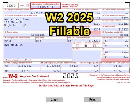 Fillable W2 Form 2025 Printable Irs Template Digital Download Etsy