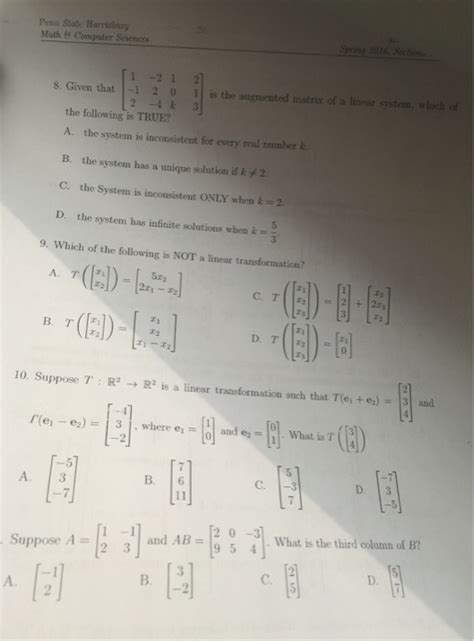 Solved Given That Matrix Is The Augmented Matrix Of A Linear