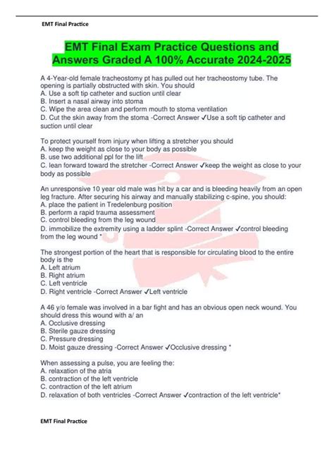 EMT Final Exam Practice Questions And Answers Graded A 100 Accurate EMT Stuvia US