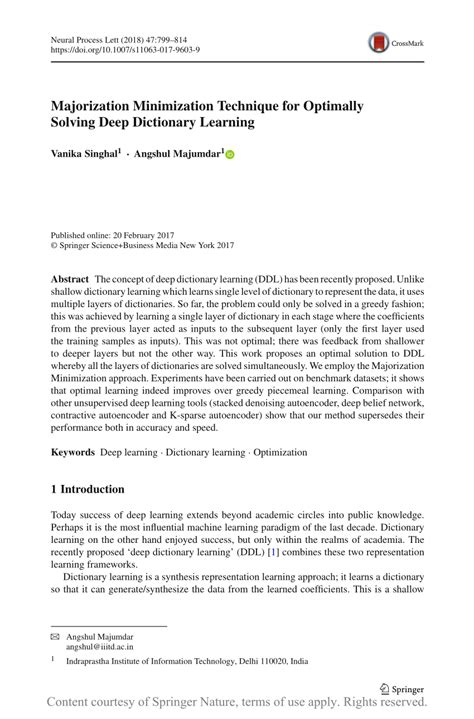 Majorization Minimization Technique For Optimally Solving Deep Dictionary Learning Request Pdf