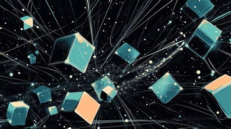 Abstract Illustration Of Floating Cubes In A Cosmic Background With Dynamic Lines And Stars