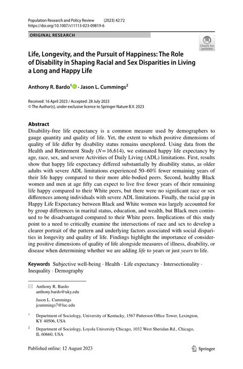 Pdf Life Longevity And The Pursuit Of Happiness The Role Of