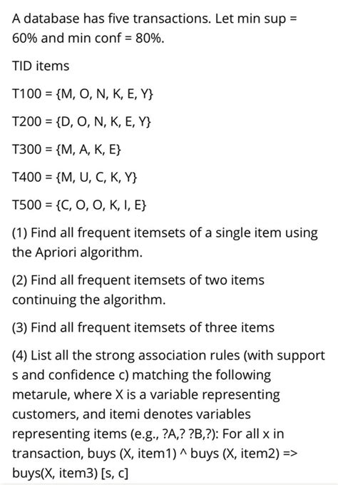A Database Has Five Transactions Let Min Sup 60 And Min Conf 80 Tid Items T1o0 M O N K E Y T2oo