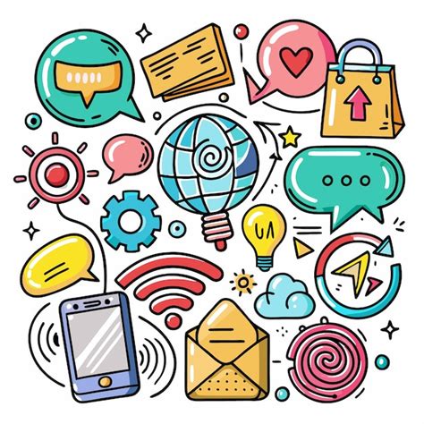 Colorful Handdrawn Icons For Mobile Communication Social Media And Digital Marketing Premium