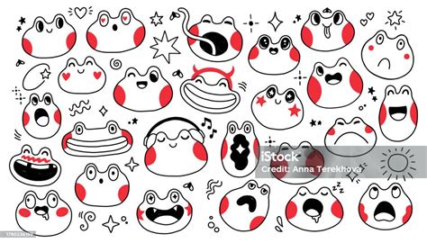 귀여운 개구리 낙서 세트입니다 만화 개구리 스티커 이모티콘 다른 감정 검은 색과 빨간 개구리 벡터 일러스트 레이 션입니다 1팩 개구리에 대한 스톡 벡터 아트 및 기타 이미지