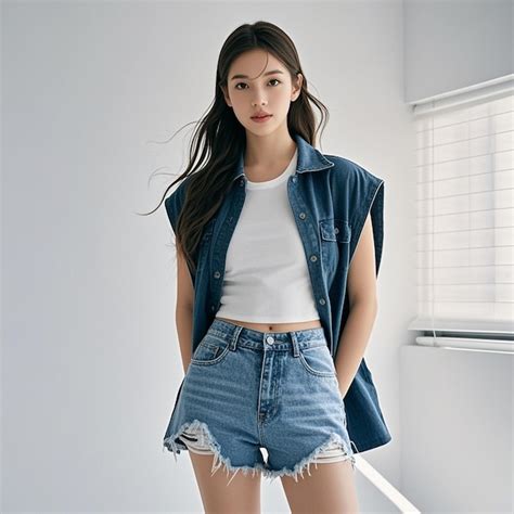 청바지 치마 를 입은 여자 가 창문 앞 에 서 있다 프리미엄 Ai 생성 이미지