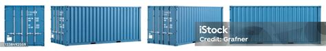다양한 각도로 파란색 선적화물 컨테이너의 세트 컬렉션은 흰색 배경을 분리합니다 운송 선박 배달 물류 및 화물 개념 화물