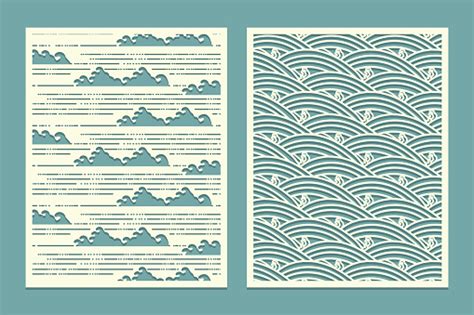 절단을 위한 템플릿을 설정합니다 패턴 해양 파도 동양 스타일 풍경 금속 절단 또는 나무 조각 패널 디자인 프렛 워크 용 스텐실