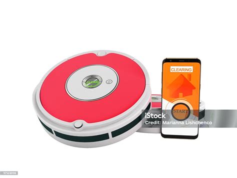 현대 진공 청소기 로봇 3d 휴대 전화 제어와 빨간색 삽입과 함께 회색 흰색 배경에 그림자 렌더링 건조한에 대한 스톡 사진 및 기타 이미지 Istock