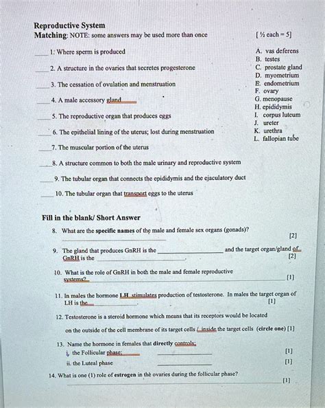 Reproductive System Matching Note Some Answers May Be Used More Than