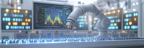Robotic Arm Analyzing Data In Futuristic Factory Setting Stock Illustration Illustration Of