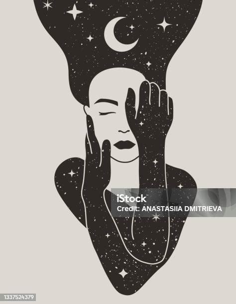 트렌디 한 보호 스타일로 달에 와서 머리에 별과 신비한 여자 소녀의 벡터 공간 초상화 여자에 대한 스톡 벡터 아트 및 기타 이미지 여자 달 하늘 위성 우주 Istock
