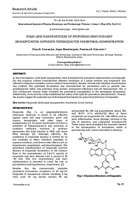 Pdf Solid Lipid Nanoparticles Of Etoposide Using Solvent Emulsification Diffusion Technique