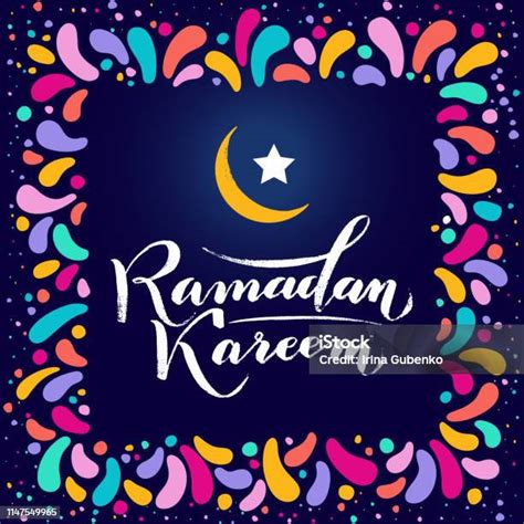 벡터 일러스트입니다 이슬람 라마단 카림 인사말 골드 레터링 텍스트 달 축제 색 전체 사각형 프레임입니다 색종이 0명에 대한 스톡 벡터 아트 및 기타 이미지 Istock