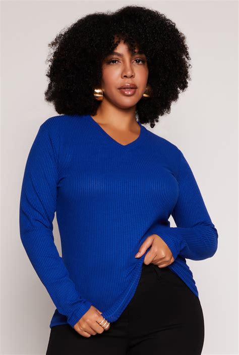 Plus Size Rib Knit V Neck Long Sleeve Top
