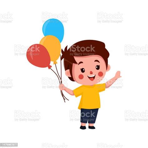 풍선을 가지고 노는 소년 만화 캐릭터 아동 도서 및 스티커에 적합 공부에 대한 스톡 벡터 아트 및 기타 이미지 공부 공휴일 교육 Istock