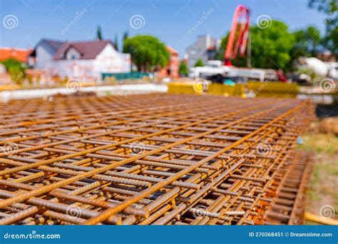 Metal Grid Reinforcing Stacked For Construction Placed On The Building