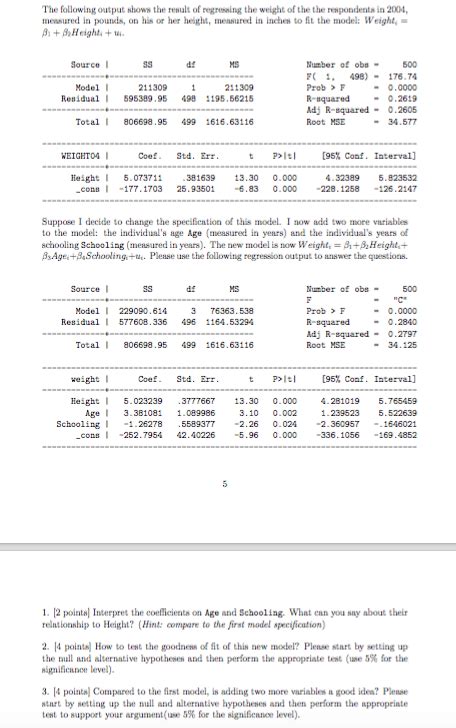 Solved The Following Output Shows The Result Of Regressing