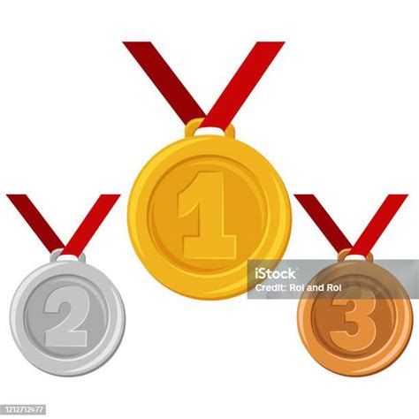 빨간색 리본에 금 은 또는 동메달 수상자 에 대한 상 벡터 평면 만화 일러스트 흰색 배경에 고립 개체 그룹에 대한 스톡 벡터 아트 및 기타 이미지 Istock