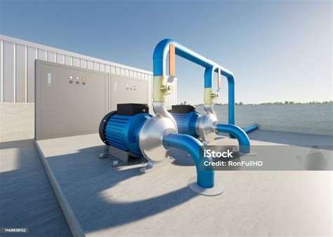 물 탱크 옥상에 있는 물 펌프 스테이션의 3d 렌더링 원심 펌프 전기 모터 파이프 라인 밸브 및 전기 제어 상자를 포함합니다 분배 용수를위한 산업 작업의 기계 물에 대한