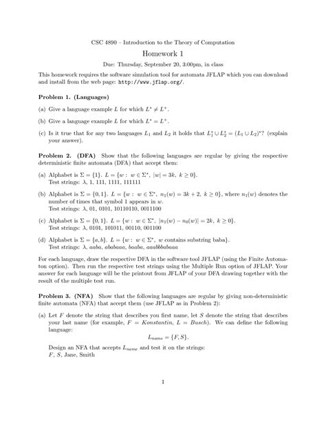 Homework 1 Introduction To The Theory Of Computation Csc 4890 Docsity