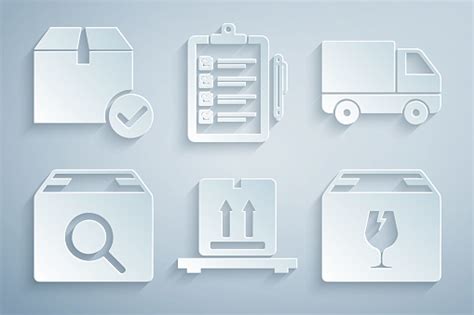 팔레트 배달화물 트럭 차량 검색 패키지에 골판지 상자를 설정 깨지기 쉬운 콘텐츠 배달 목록의 확인 목록 및 패키지 확인 표시 아이콘 벡터 3차원 형태에 대한 스톡 벡터 아트