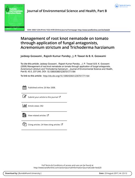 Pdf Management Of Root Knot Nematode On Tomato Through Application Of Fungal Antagonists