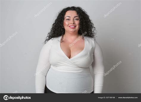 Overweight Young Woman Big Breast Wearing White Shirt Deep Cleavage