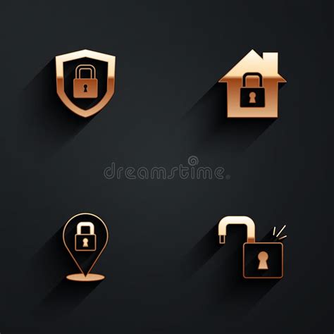 Set Shield Security With Lock House Under Protection Lock And Open Padlock Icon With Long