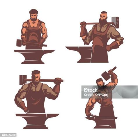 대장장이 캐릭터 큰 강철 망치와 강한 남자 노동자 무기 갑옷 및 기타 금속 요소 정확한 벡터 대장장이 라벨 컬렉션 대장장이에 대한 스톡 벡터 아트 및 기타 이미지 Istock