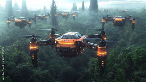 Futuristic Drone Swarm Conducting Search And Rescue Operations In A Densely Forested Area After