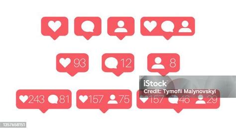 소셜 미디어 버블 아이콘 좋아요 추종자 및 댓글 세트 버튼 웹 앱 설계를 위한 플랫 벡터 일러스트레이션 알림 아이콘에 대한 스톡