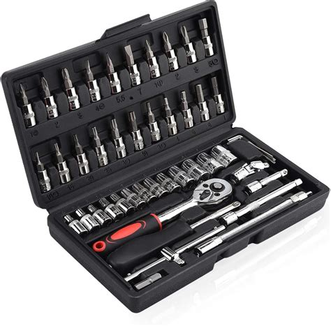 46 Piece 1 4 Inch Ratchet Socket Wrench Set With Storage Case Includes Metric Bit Sockets And