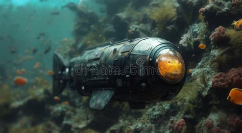 Exploration Robot Submarine Dives Deep Into The Vibrant Ocean Environment Generative Ai Stock