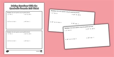 Algebra I Solving Equations With The Quadratic Formula Exit Ticket