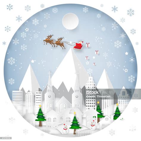 썰매 순 록 눈송이 눈사람 산타 클로스 도시는 겨울에서 도시와 메리 크리스마스 휴일 Xmas 하루 종이 예술 공예 스타일 개념으로 배경 벡터 일러스트 레이 션 공휴일에 대한