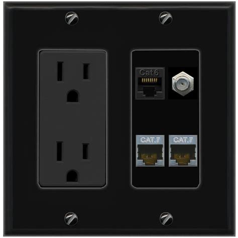 Riteav Cat6 2 Cat7 Coax Wall Plate With 15a Power Outlet Black