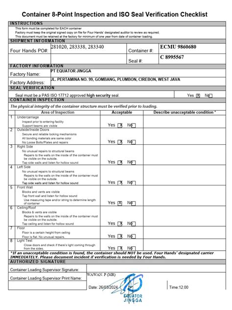 New Form 8 Point Container Inspection And Seal Verification Checklist