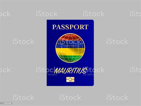 생체 인식 디지털 데이터 칩 사실적인 파란색 커버 아이콘 로고 광고 웹에 대한 황금 글자 벡터 일러스트와 모리셔스 국기 국제 여권 국가 지리적 지역에 대한 스톡 벡터 아트