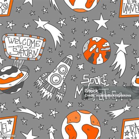 만화 공간 원활한 패턴 벡터 일러스트레이션 낙서 스타일의 행성 토성 지구 화성 별과 셔틀손으로 그린 글자 아이 직물 및 벽지 갤럭시 웹 배경 0명에 대한 스톡 벡터 아트 및