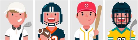 스포츠 남자의 평면 초상화 세트 컬러 만화 캐릭터 운동 선수 남자 프로필 사진 골프 미식 축구 야구 하키 벡터 일러스트 레이 션의 컬렉션 하키에 대한 스톡 벡터 아트 및